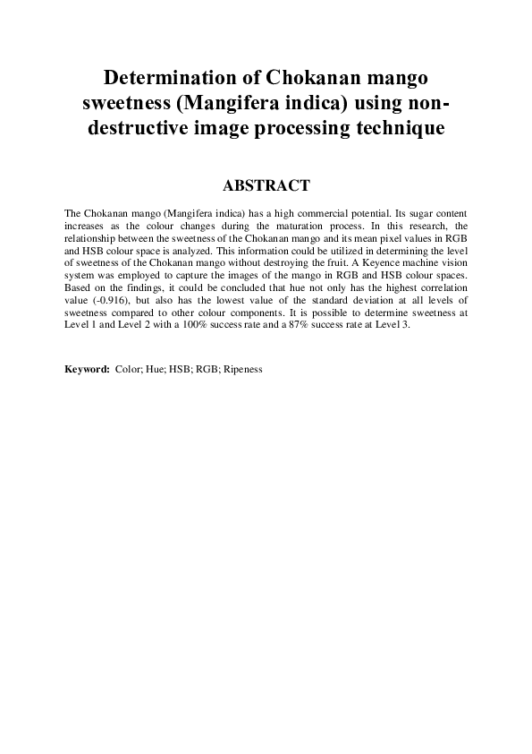 (PDF) Determination of Chokanan mango sweetness (Mangifera indica ...