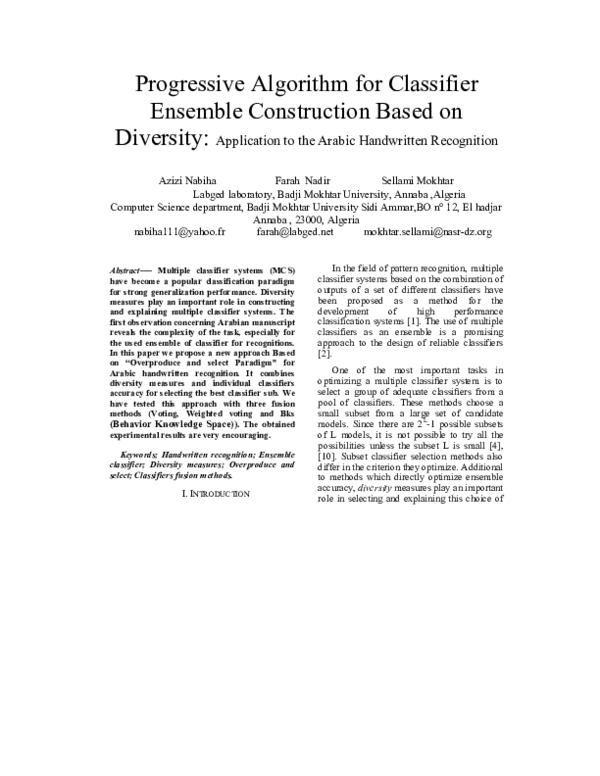(PDF) Progressive Ensemble Construction for Classifiers