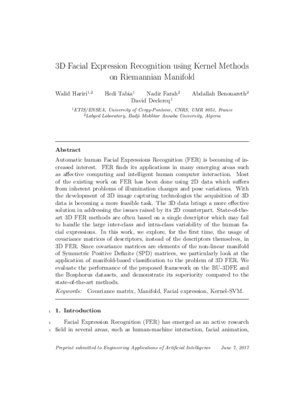 (PDF) 3D facial expression recognition using kernel methods on Riemannian manifold