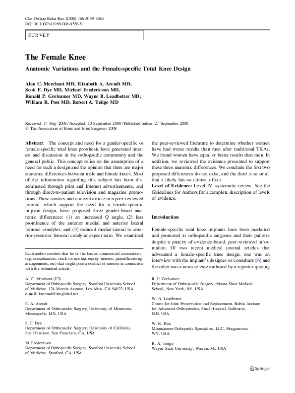 (PDF) The female knee: anatomic variations and the female-specific ...