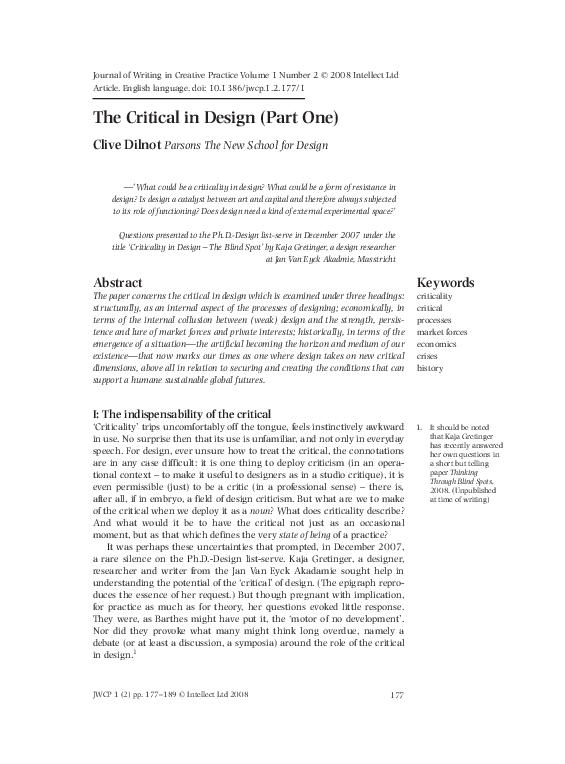 (PDF) The Critical In Design (Part One)