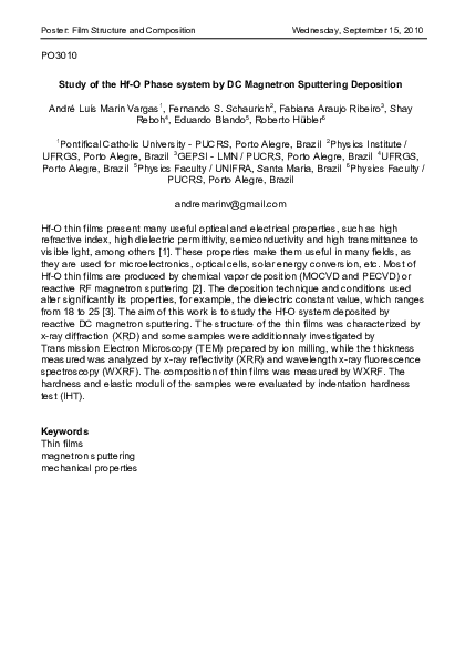 (PDF) Study of the Hf-O Phase system by DC Magnetron Sputtering Deposition