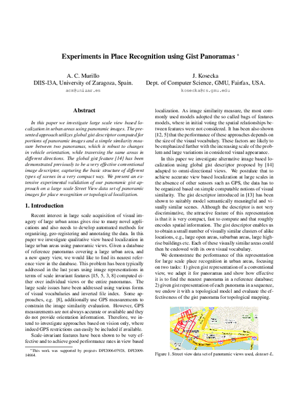 (PDF) Experiments in place recognition using gist panoramas