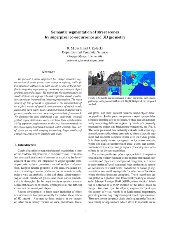 (PDF) Semantic segmentation of street scenes by superpixel co-occurrence and 3D geometry