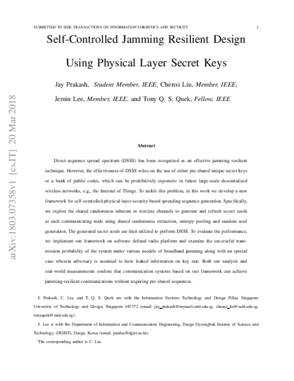 Pdf Self Controlled Jamming Resilient Design Using Physical Layer