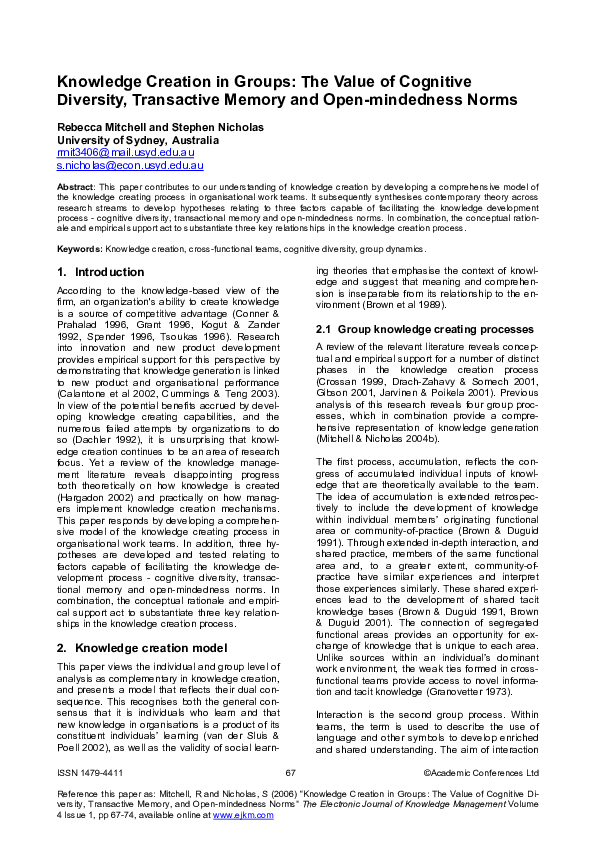 (PDF) Knowledge Creation in Groups: The Value of Cognitive Diversity, Transactive Memory and ...