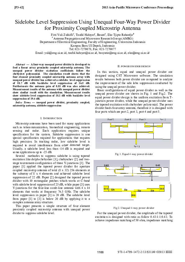 Pdf Sidelobe Level Suppression Using Unequal Four Way Power Divider For Proximity Coupled
