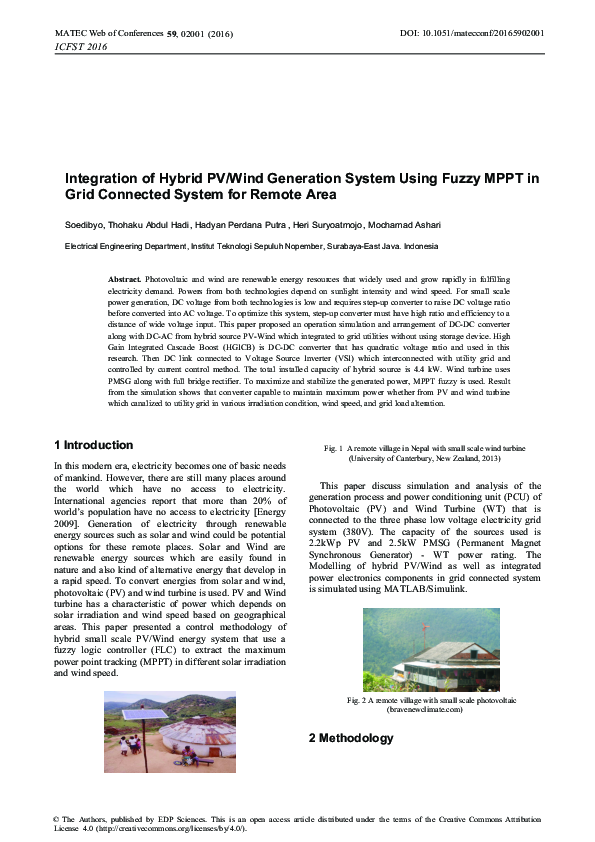 Pdf Integration Of Hybrid Pvwind Generation System Using Fuzzy Mppt In Grid Connected System