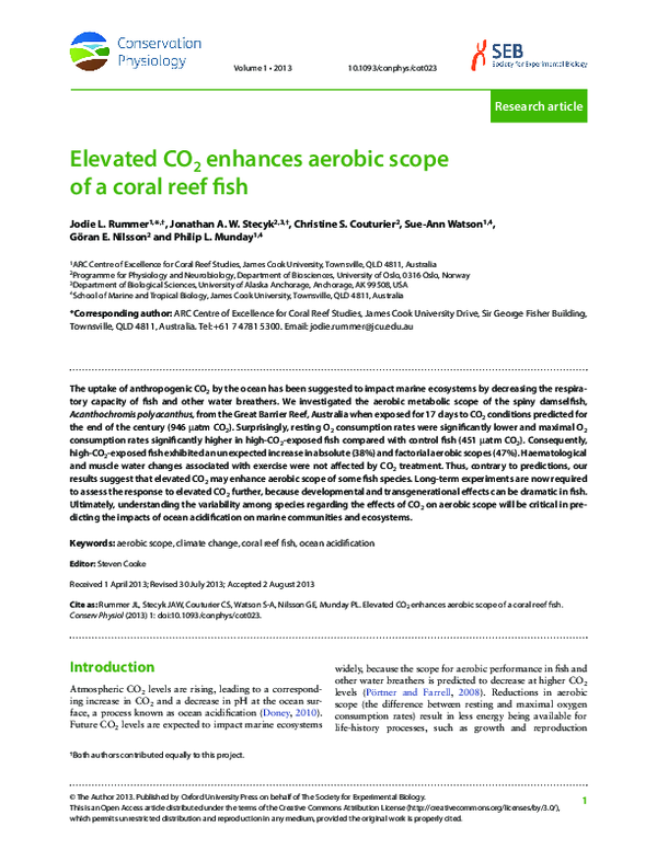 (PDF) Elevated CO2 enhances aerobic scope of a coral reef fish