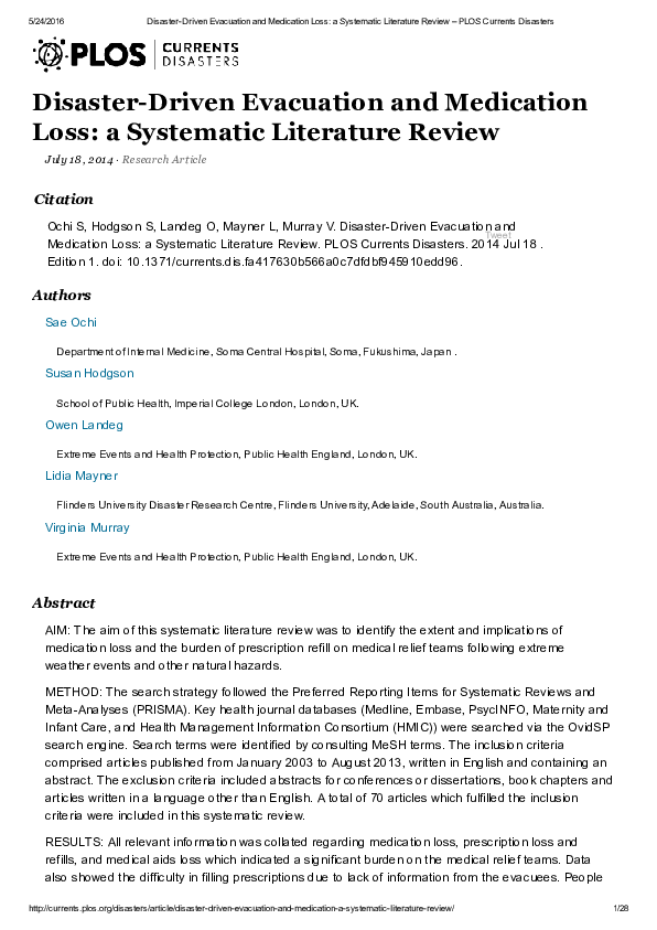 (PDF) Disaster-Driven Evacuation and Medication Loss: a Systematic ...