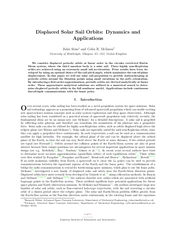 (PDF) Displaced solar sail orbits : Dynamics and applications | Jules Simo - Academia.edu