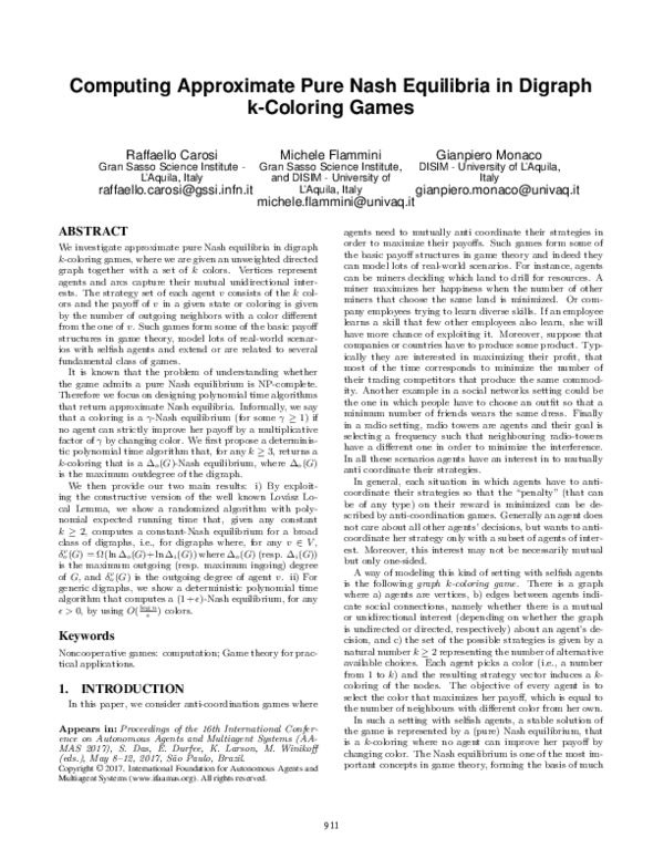 (PDF) Computing Approximate Pure Nash Equilibria in Digraph k-Coloring Games