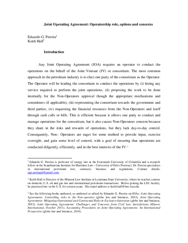 (PDF) Joint operating agreement: Operatorship role, options and concerns
