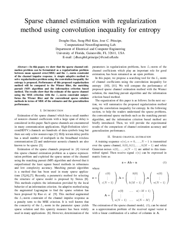 (PDF) Sparse channel estimation with regularization method using convolution inequality for entropy