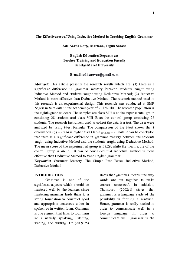 (PDF) The Effectiveness of Using Inductive Method in Teaching English Grammar