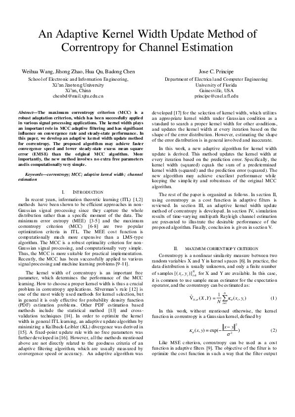 (PDF) An adaptive kernel width update method of correntropy for channel estimation