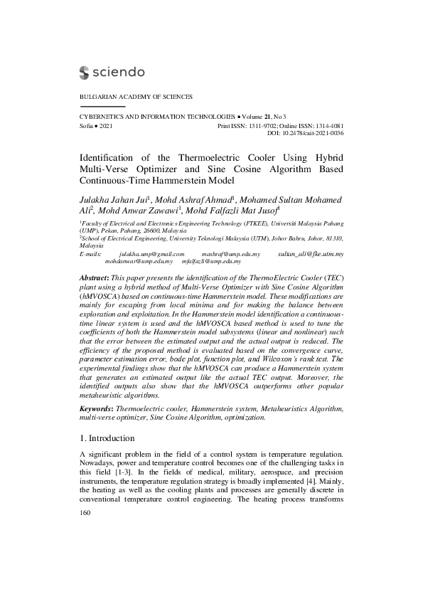 (PDF) Identification of the Thermoelectric Cooler Using Hybrid Multi-Verse Optimizer and Sine ...