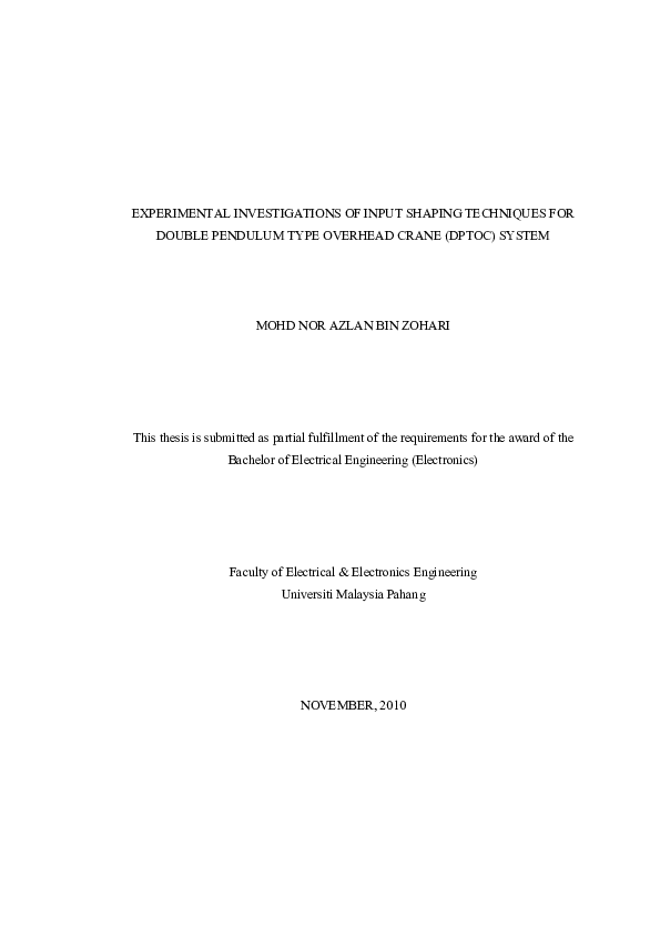 (PDF) Experimental investigations of input shaping schemes for sway control of a gantry crane system