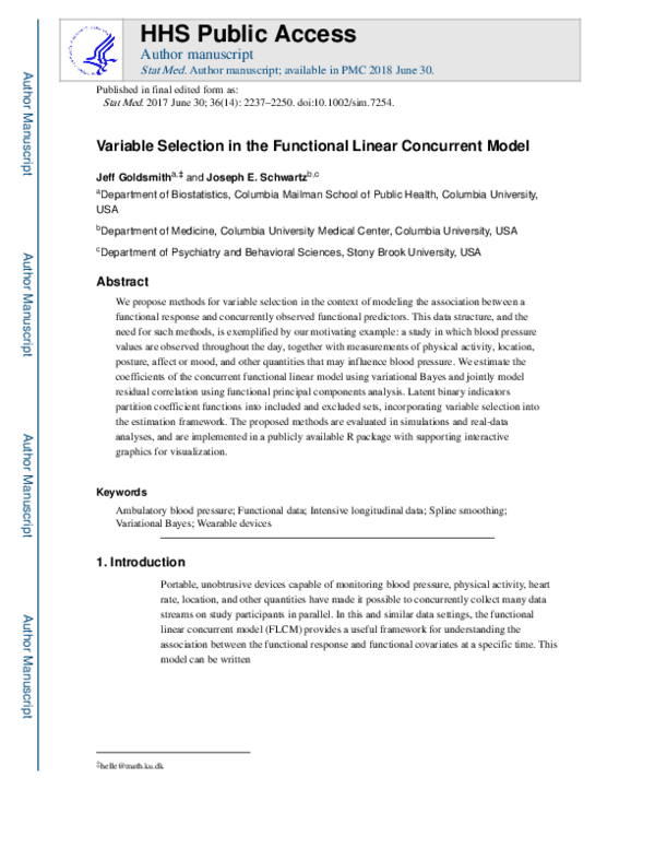(PDF) Variable selection in the functional linear concurrent model