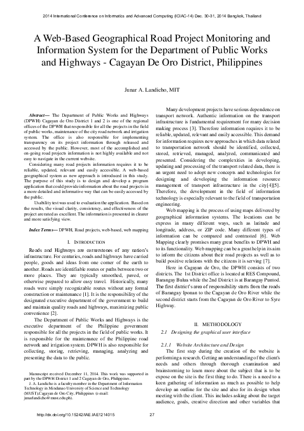 (PDF) A Web-Based Geographical Road Project Monitoring and Information System for the Department ...