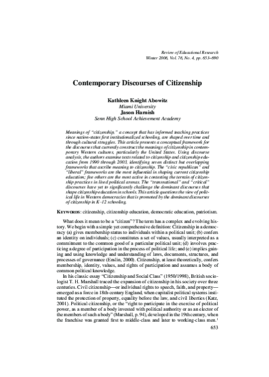 (PDF) 2006) Contemporary Discourses of Citizenship | Kathleen Knight ...