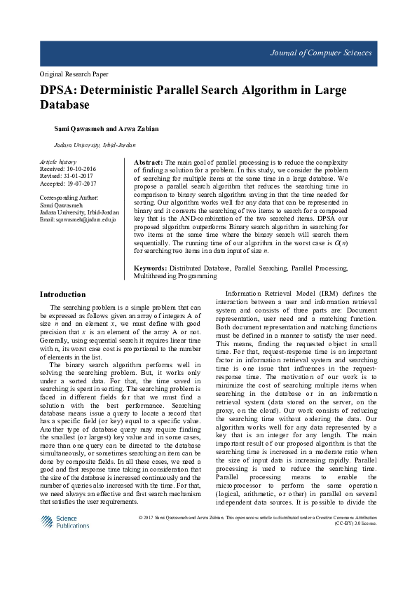 (PDF) DPSA: Deterministic Parallel Search Algorithm in Large Database