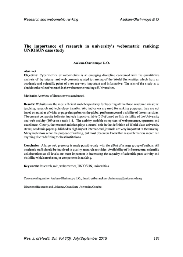 (PDF) The importance of research in university's webometric ranking ...