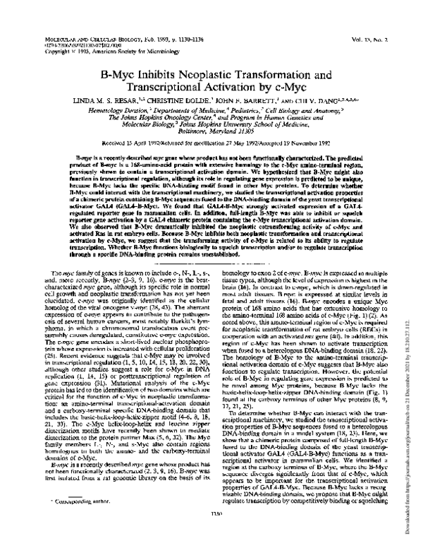 (PDF) B-myc inhibits neoplastic transformation and transcriptional ...