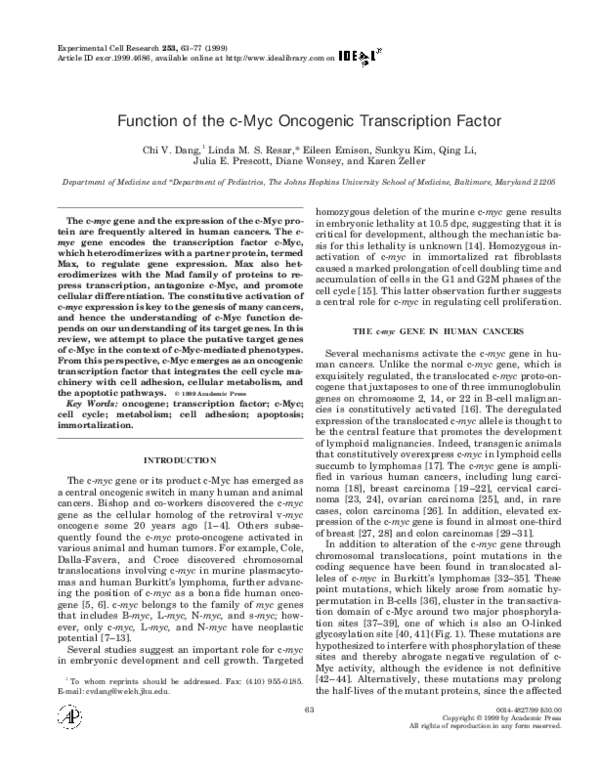 (PDF) Function of the c-Myc Oncogenic Transcription Factor