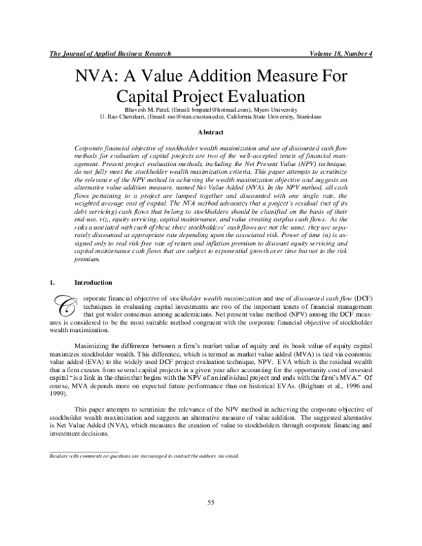(PDF) NVA: A Value Addition Measure For Capital Project Evaluation