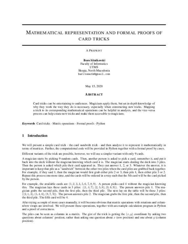 (PDF) Mathematical Representation and Formal Proofs of Card Tricks ...