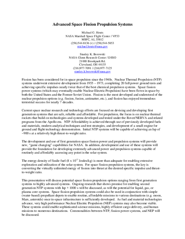 (PDF) Advanced Space Fission Propulsion Systems