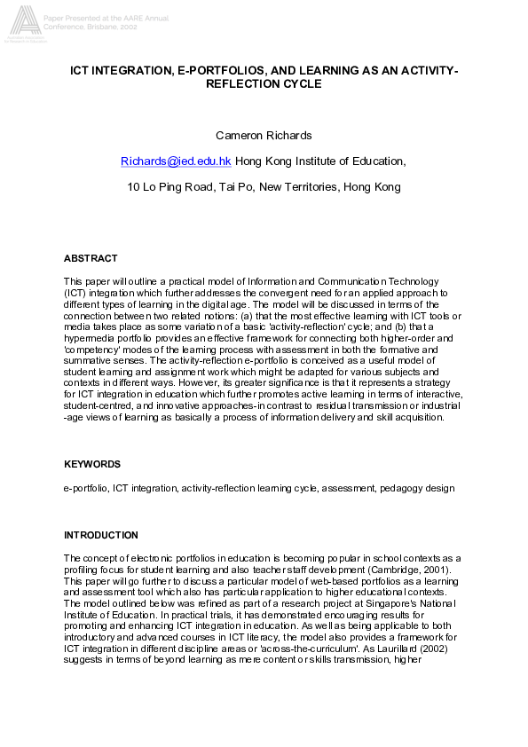 (PDF) Ict Integration, E-Portfolios, and Learning as an Activity ...