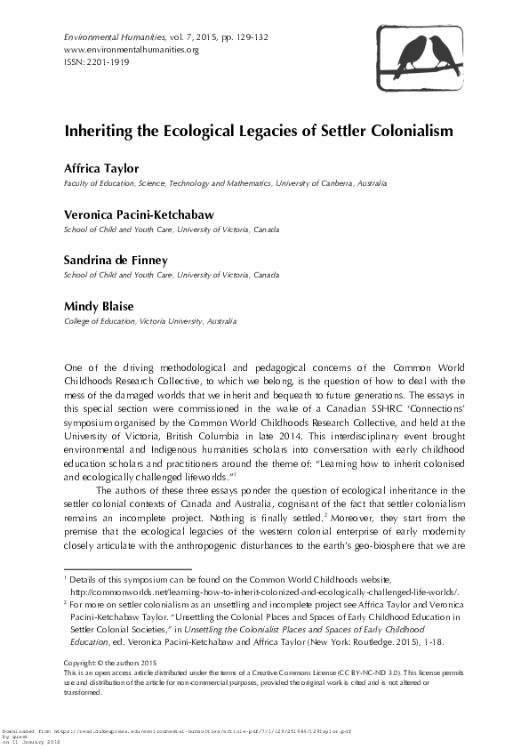 (PDF) Inheriting the Ecological Legacies of Settler Colonialism