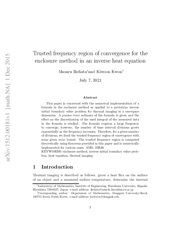 (PDF) Trusted frequency region of convergence for the enclosure method in an inverse heat equation