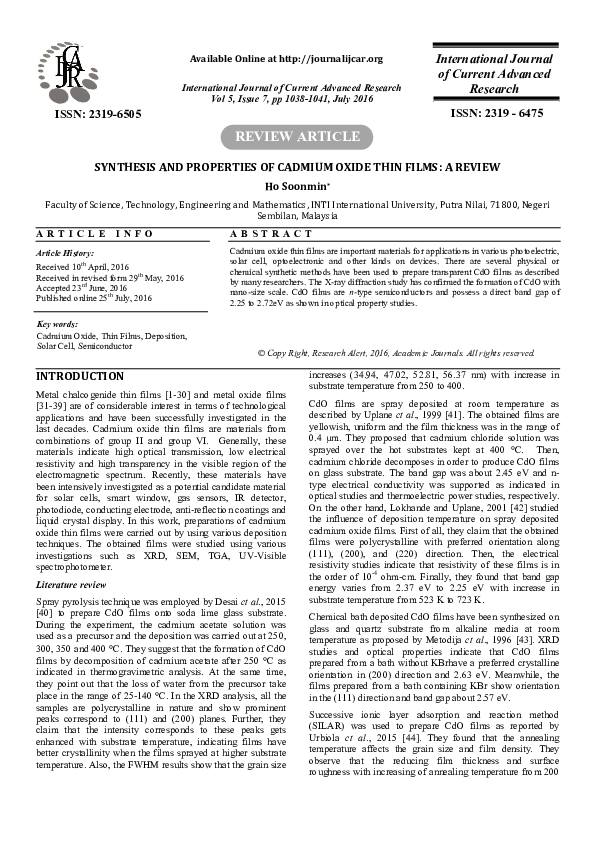 (PDF) Synthesis and Properties of Cadmium Oxide Thin Films: A Review