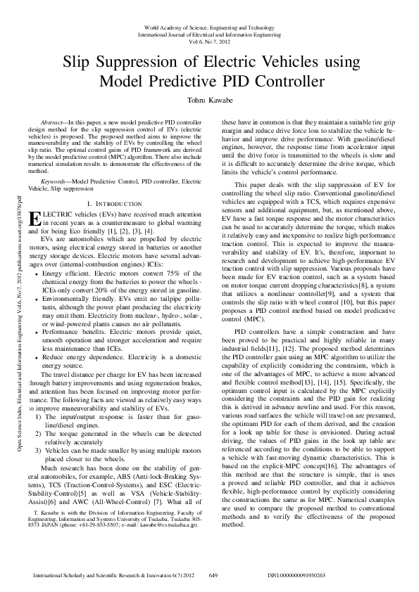(PDF) Slip Suppression of Electric Vehicles using Model Predictive PID Controller