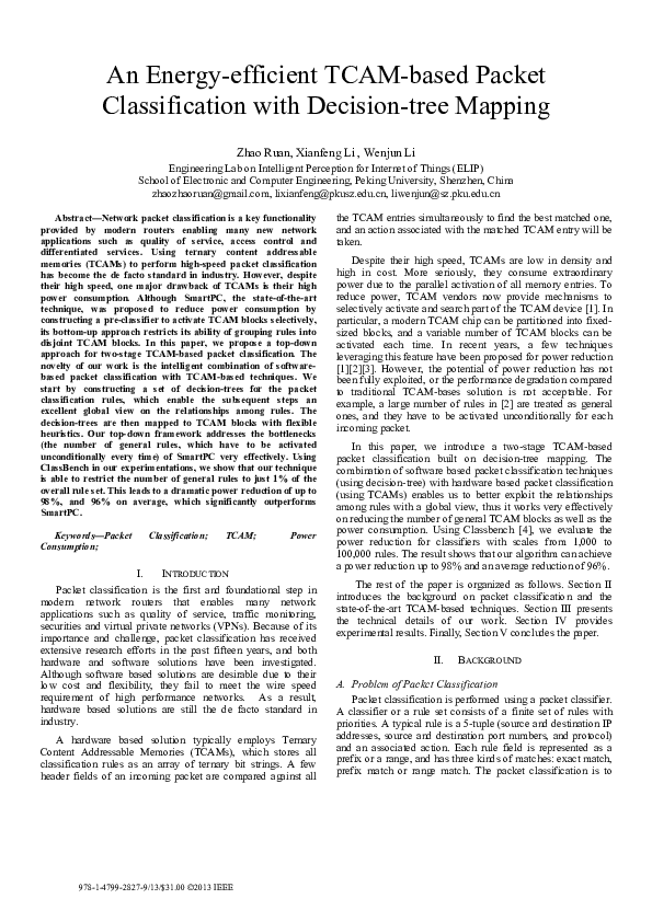 (PDF) An energy-efficient TCAM-based packet classification with decision-tree mapping