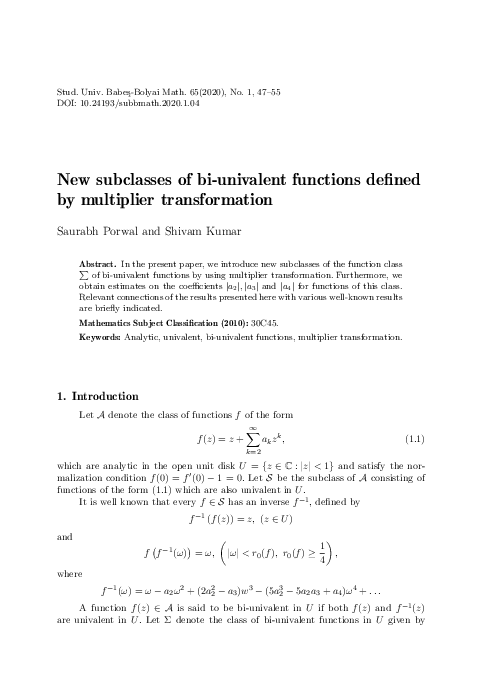 Pdf New Subclasses Of Bi Univalent Functions Defined By Multiplier Transformation Shivam