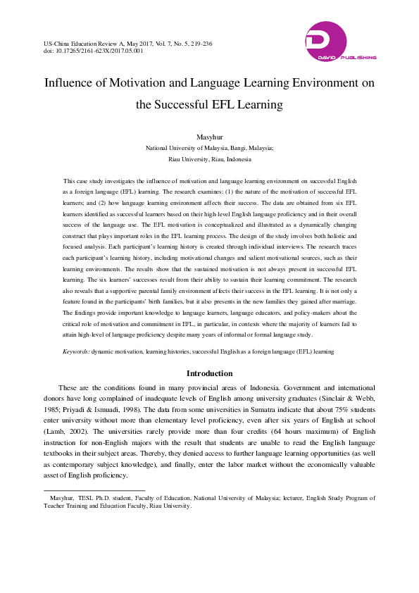 (PDF) Influence of Motivation and Language Learning Environment on the ...