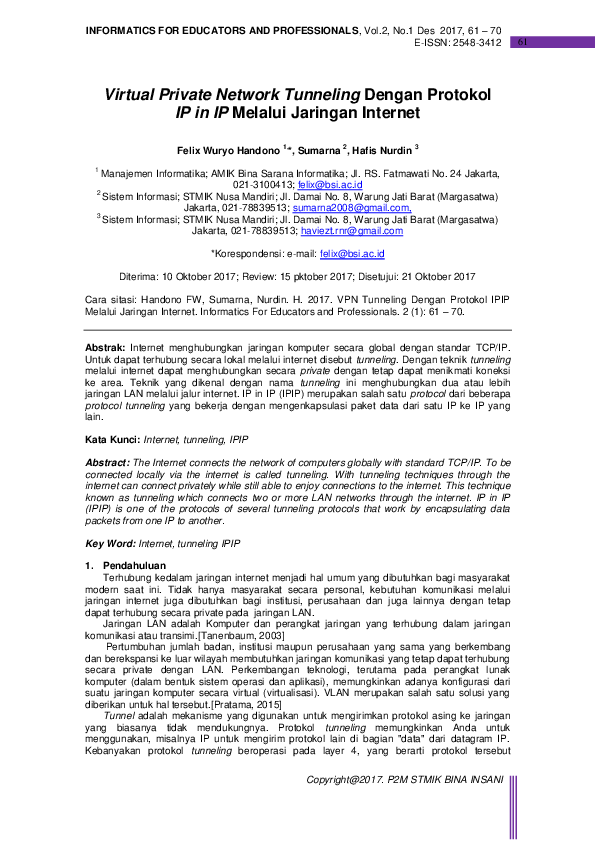 (PDF) Virtual Private Network Tunneling Dengan Protokol IP in IP Melalui Jaringan Internet