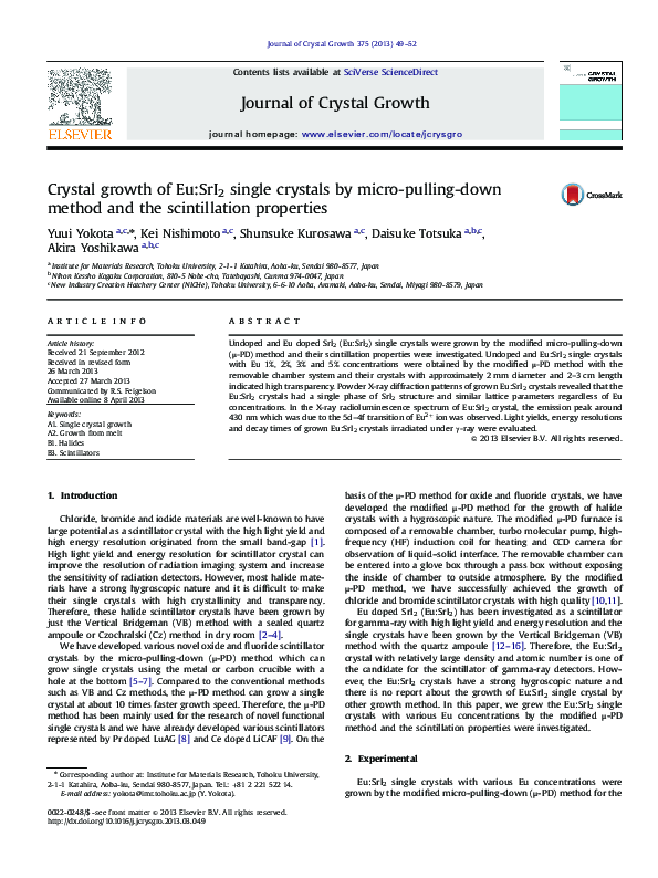 (PDF) Crystal growth of Eu:SrI2 single crystals by micro-pulling-down ...