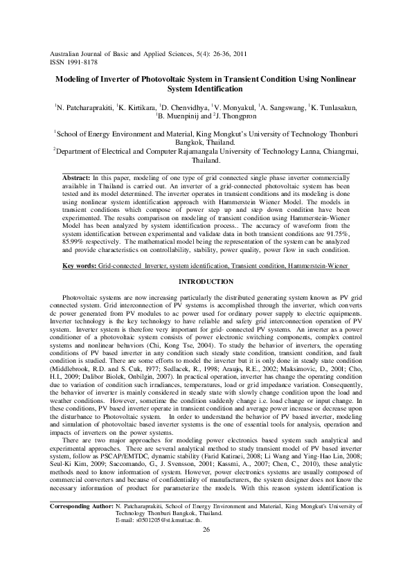 Pdf Modeling Of Inverter Of Photovoltaic System In Transient Condition Using Nonlinear System