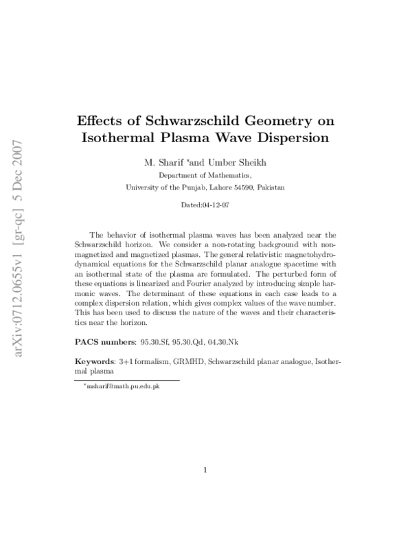 (PDF) 7 Effects of Schwarzschild Geometry on Isothermal Plasma Wave ...