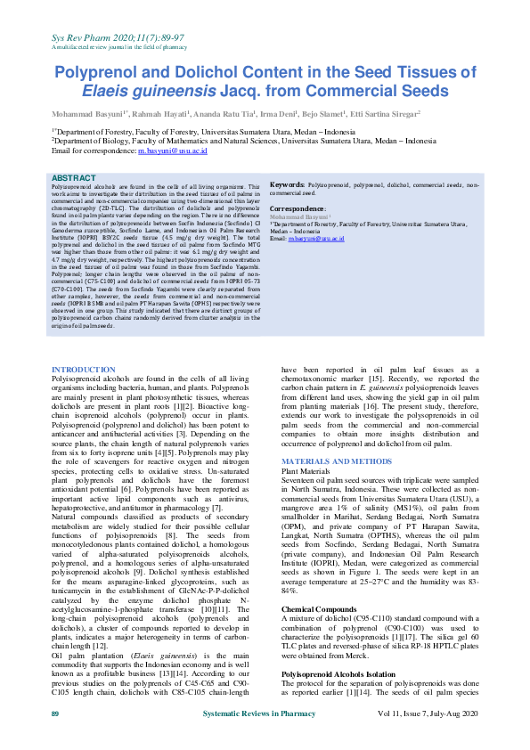 (PDF) Polyprenol and Dolichol Content in the Seed Tissues of Elaeis ...