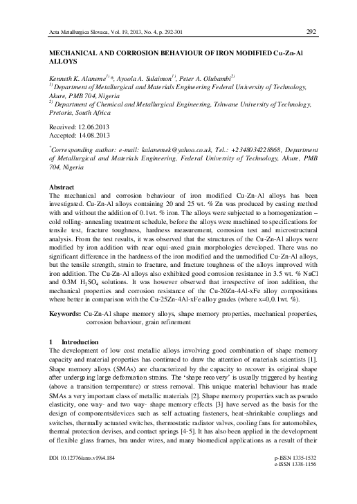 (PDF) MECHANICAL AND CORROSION BEHAVIOUR OF IRON MODIFIED Cu-Zn-Al ALLOYS