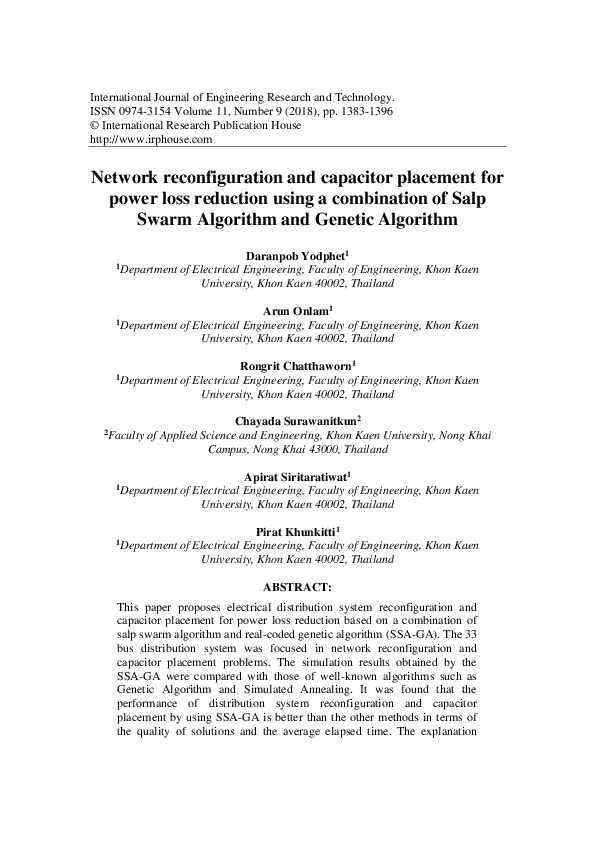 Pdf Network Reconfiguration And Capacitor Placement For Power Loss Reduction Using A