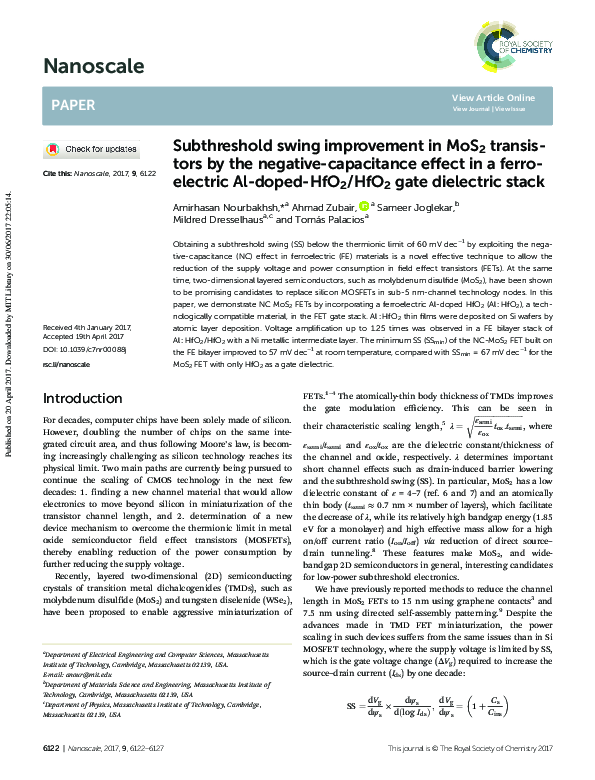 (PDF) Subthreshold swing improvement in MoS2 transistors by the ...