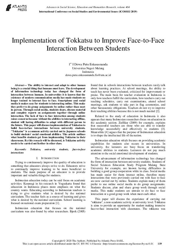 (PDF) Implementation of Tokkatsu to Improve Face-to-Face Interaction ...
