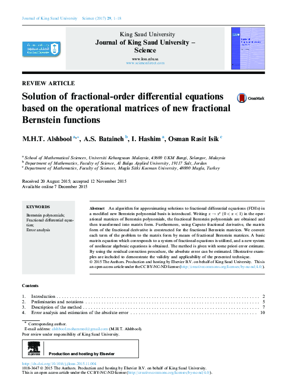 (PDF) Solution of fractional-order differential equations based on the operational matrices of ...